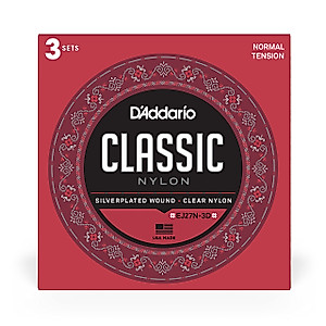 D'Addario Guitar Strings - Classic Nylon Guitar Strings - EJ27N Classical Guitar Strings - Silver Plated Wrap, Nylon Core, Clear Student Nylon Trebles - Normal Tension, 3-Pack