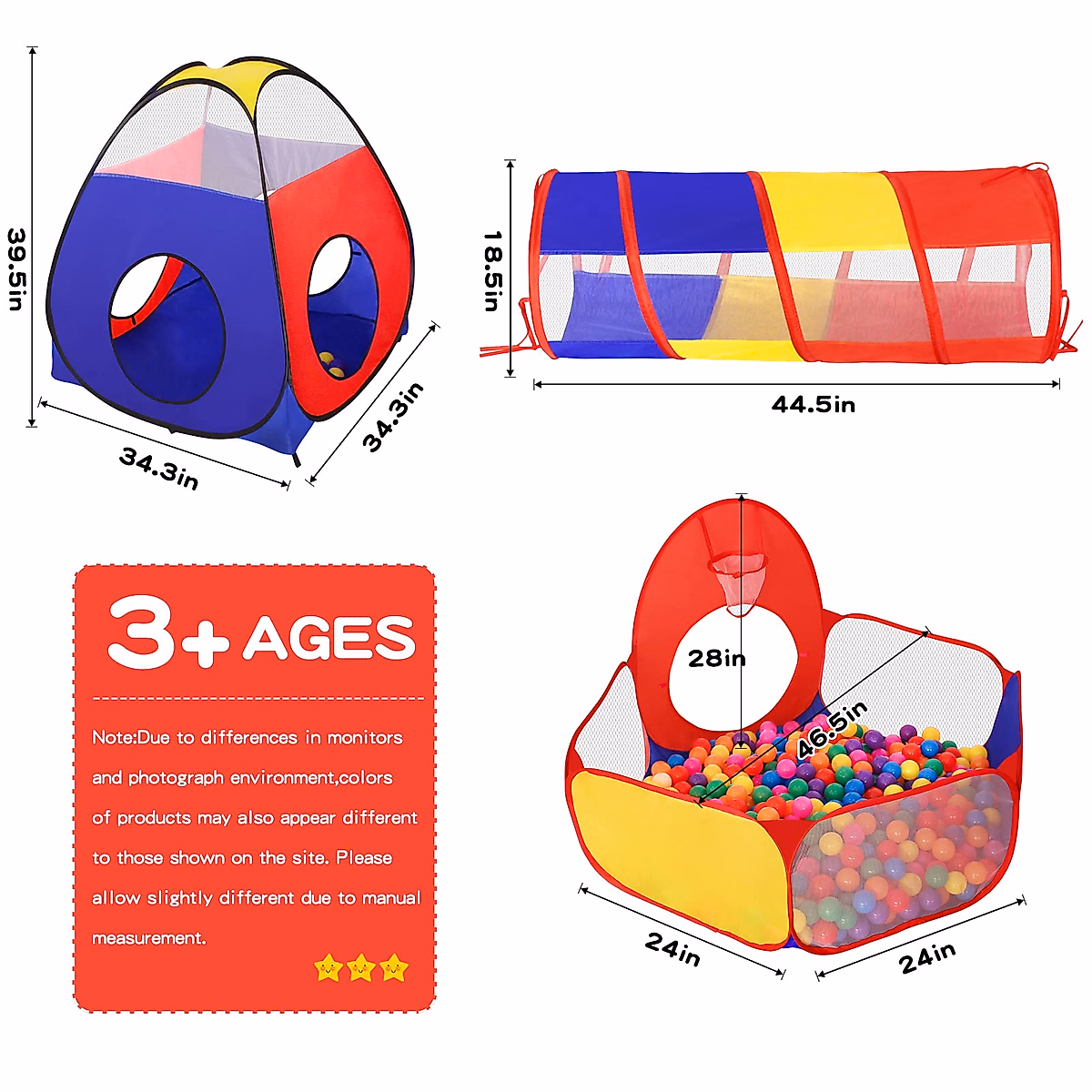 GeerWest 3 in 1 Kids Play Tent for Toddler with Baby Ball Pit and Play Tunnel, Children Indoor Outdoor Playhouse with Climbing Tunnel Toy for Toddlers, Boys and Girls Best Birthday Gifts
