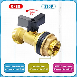 Horiznext rain barrel spigot, brass 55 gallon water tank faucet, bulkhead valve for outdoor plastic bucket rainwater drum gal container downspout collector in garden, 1 inch O.D. inlet GHT3/4 outlet