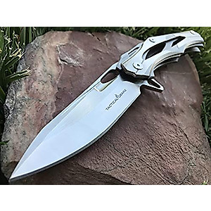 TACTICAL GEARZ SS Pocket Knife! TG Kronus, Brushed Nickel Stainless Steel Handle! Sharp 7Cr17mov Stainless Steel Blade! BallBearing! Includes Sheath!