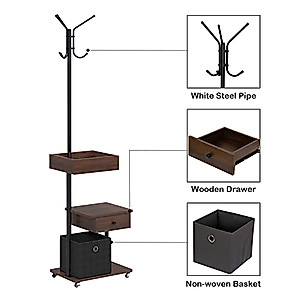 soges Coat Rack and Nightstand, Brown Wooden Nightstands with One Drawer and One Non-woven Basket, Metal Coat Rack for Bedroom, Living Room