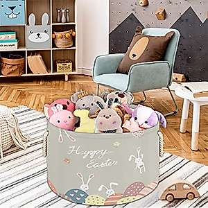 Happy Easter Egg And Rabbit Large Round Baskets for Storage Laundry Baskets with Handles Blanket Storage Basket for Bathroom Shelves Bins for Organizing Nursery Hamper Girl Boy