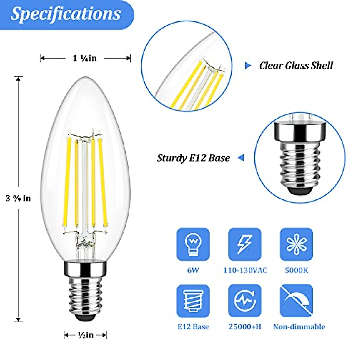 Brightever E12 Candelabra LED Light Bulbs 60 Watt Equivalent, 620 Lumen 6W Clear LED Filament Candle Bulbs, Daylight White 5000K Non-Dimmable Chandelier Light Bulbs for Ceiling Fan, Pack of 5