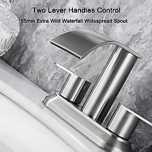 Jodulos 4 inch Centerset 3 Hole Bathroom Faucets Brushed Nickel, Center Set Faucet with cUPC Supply Lines, 2 Handle Waterfall Bathroom Sink Faucet with Pop Up Drain Stopper JU-DE-201-BN