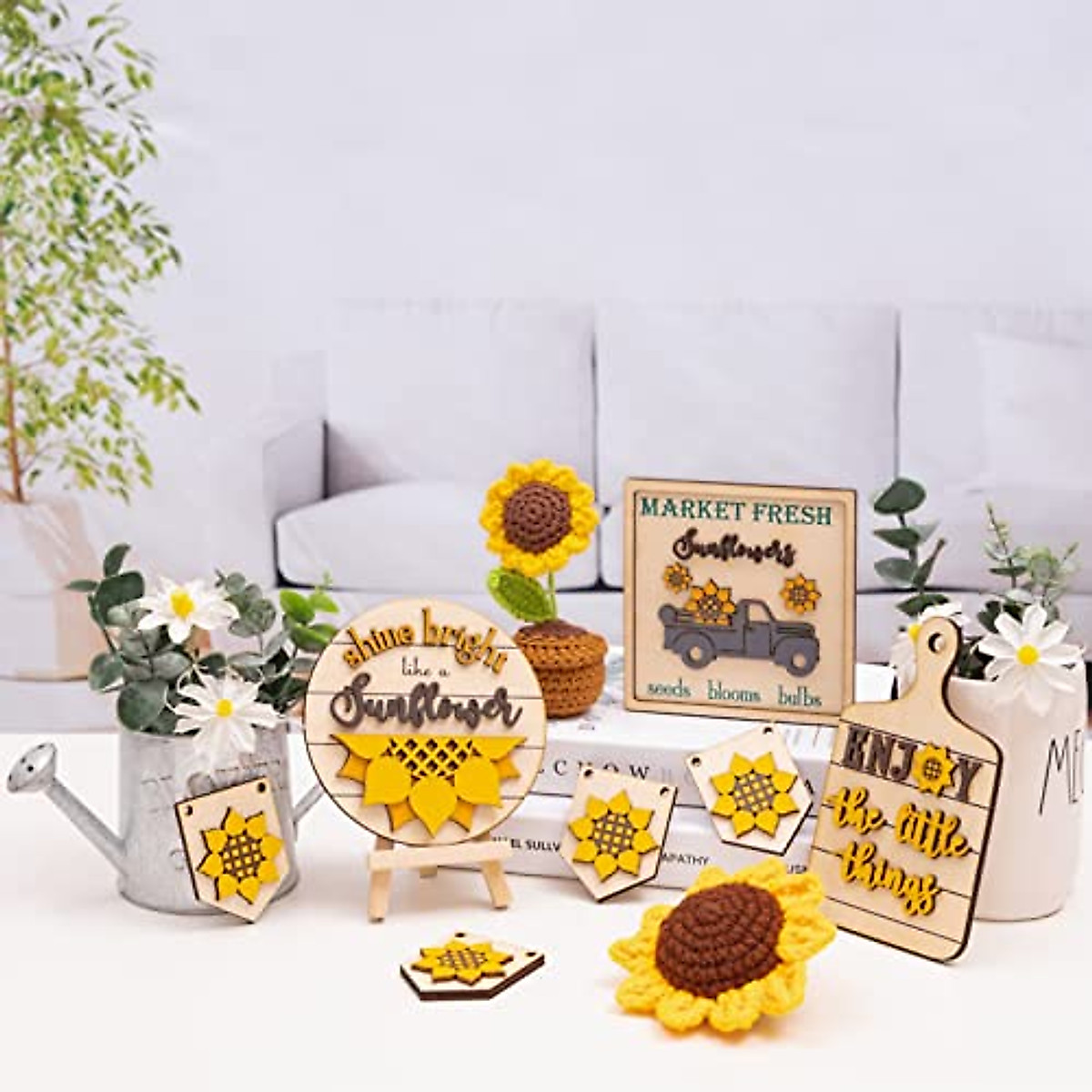 Sunflower Decor | Sunflower Gifts for Women | Farmhouse Sunflower Kitchen Tiered Tray Decor | Spring Decorations for Home | Sunflower Wooden Signs | Handmade Crochet