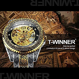 FANMIS Mens Luxury Engraving Wrist Watches Unique Tattoo Pattern Carved Stainless Steel Band Luminous Automatic Skeleton Watch (Gold Black)