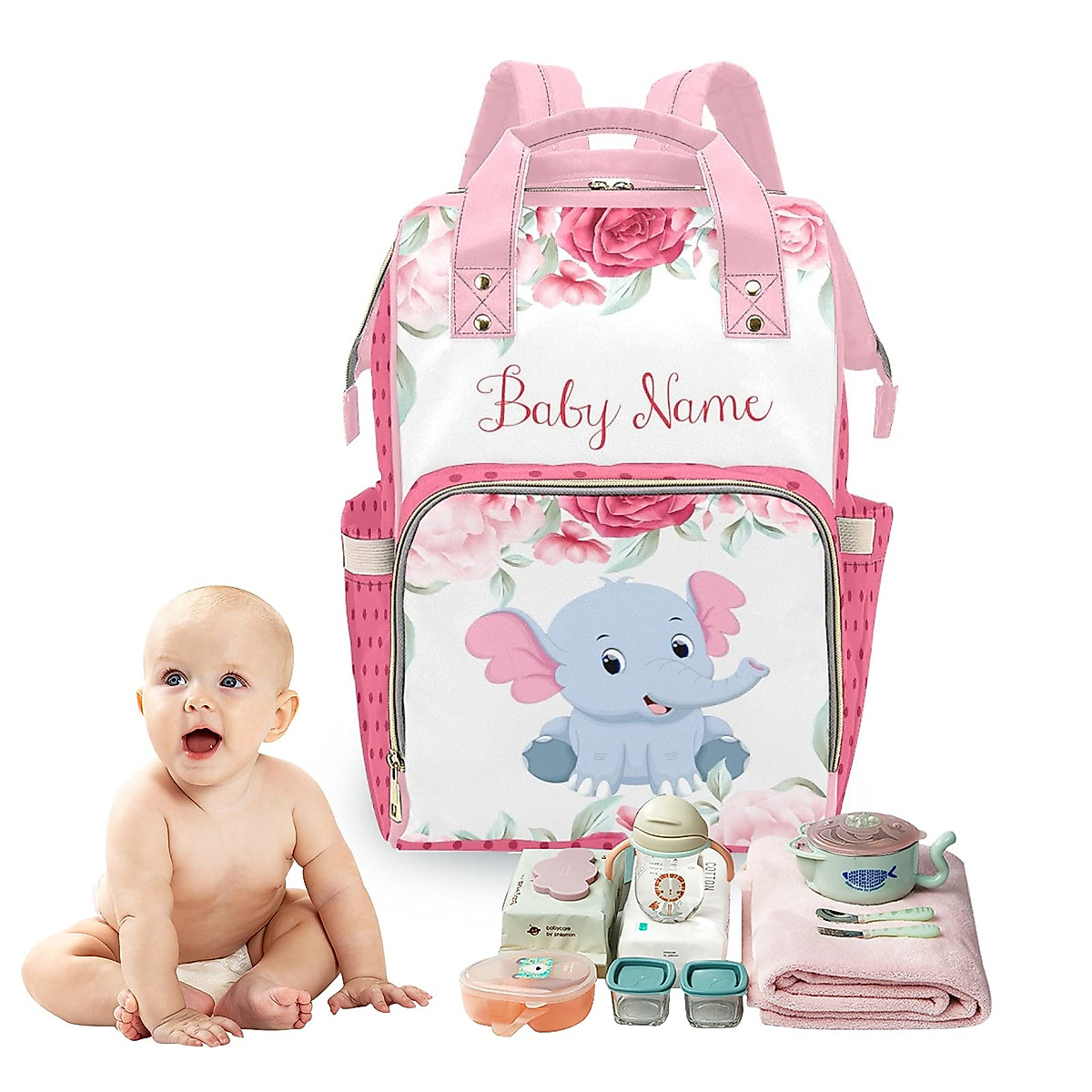bliblisa Personalized Pink Elephant with Rose Flower Customized Diaper Bag with Name Shoulder Daypack Backpack Gift for Mom Girl