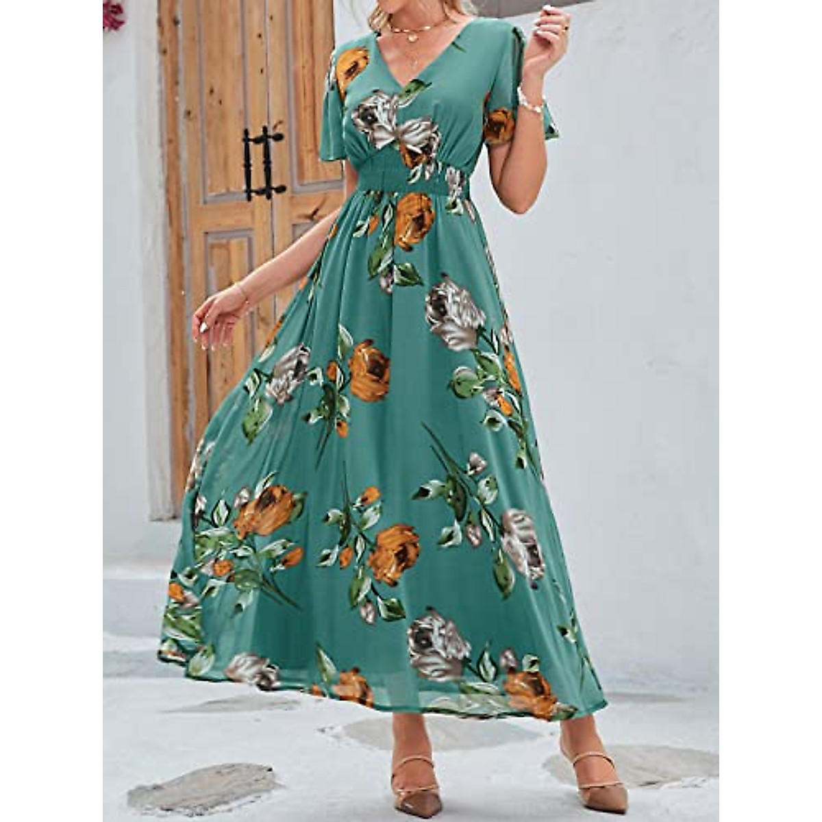 Simplee Women Casual Boho Floral Maxi Dress Flowy Long Wedding Guest Dress Holiday Beach V Neck Short Sleeve Maternity Dress (L Turquoise)