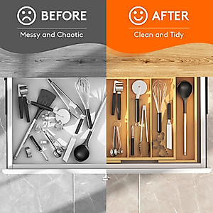 Lifewit Utensil Organizer for Kitchen Drawer, Expandable Cooking Utensil Tray, Bamboo Cutlery Silverware Flatware Holder, Adjustable Spatula Tools and Gadgets Storage Divider, Large, Natural