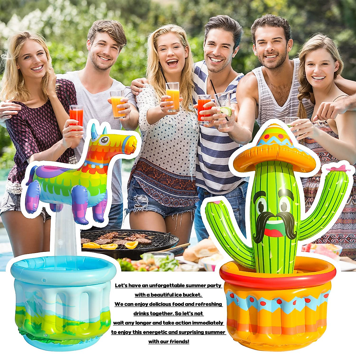 PARENTSWELL 2 Pack Inflatable Cactus Cooler, 47.5'' Blow Up Pool Party Drink Cooler Ice Bucket with Sombrero Hat, Mexican Fiesta Party Decorations Supplies for Cinco De Mayo Party Decor