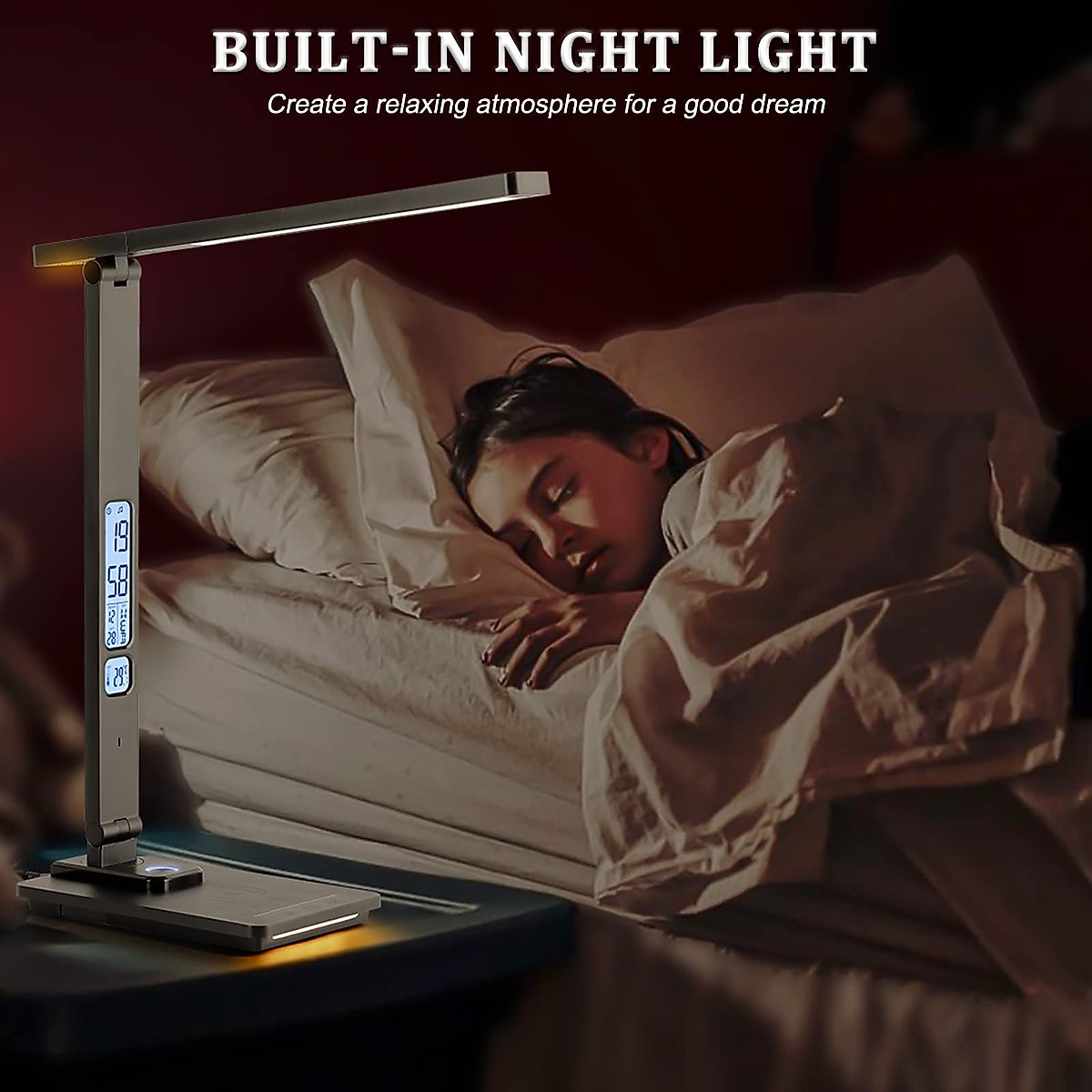Dott Arts LED Desk Lamp with Wireless Charger, Touch Control Study Lamp with USB Charging Port, Table Lamp with Clock, Alarm, Date, Temperature, Office Lamp, Desk Lamps for Home Office,Black