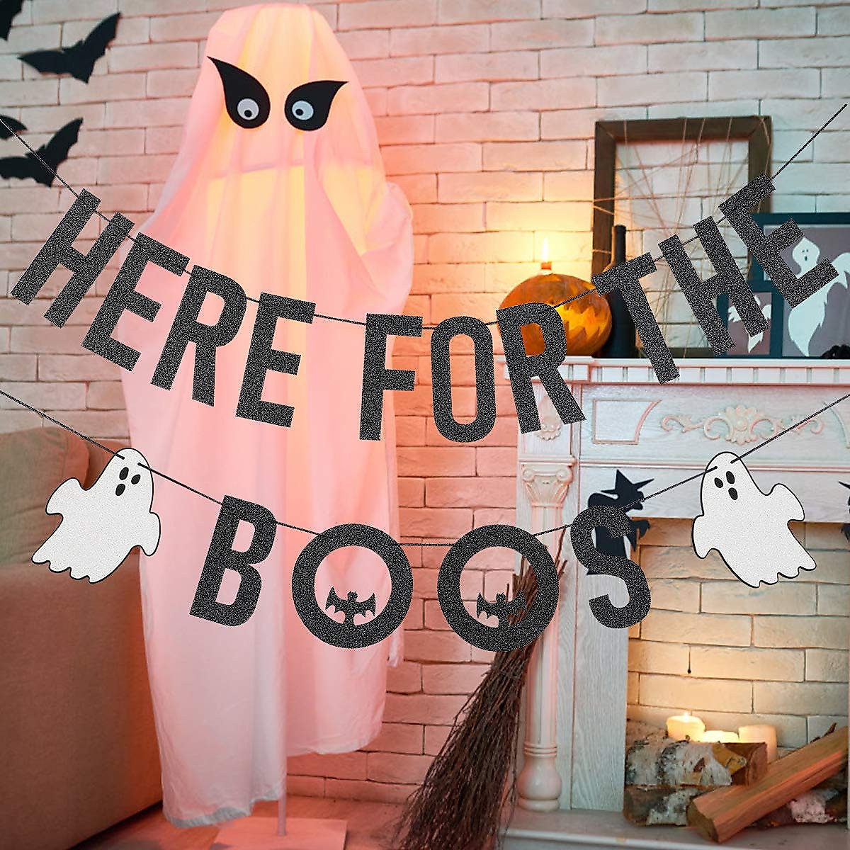 Black Here for The Boos Banner Halloween Party Banner, Boos and Booze Party Banner Hocus Pocus Banner Here for The Boos Sign Decorations for Haunted House Halloween Mantle Home Decor