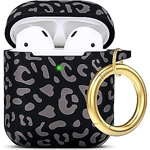 Leopard Silicone Airpods Case, Gawnock Soft Case Cover Flexible for Airpods 2nd/1st Generation Floral Print Cover for Women Girls with Keychain - Gray Leopard Cheetah