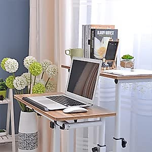 DlandHome Adjustable Rolling Desk Standing Desk, Sit-Stand Desk Cart Mobile Computer Desk Stand Up Desk Office Desk Riser Standing Table Workstation Mobile Desk, Oak