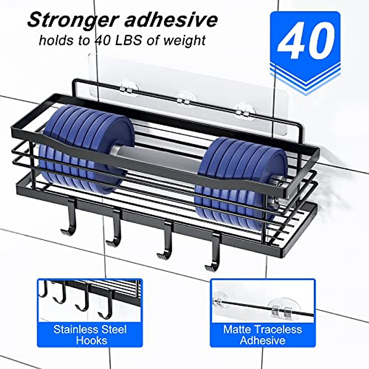Shower Caddy, 5-Pack Shower Shelf, Shower Organizer with 4 Hooks Adhesive Shower Organizer No Drilling Large Capacity Rustproof Stainless Steel Bathroom Organizer Shower Shelf for Inside Shower