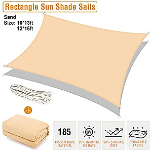 UIRWAY Sun Shade Sail 12x16FT Rectangle Canopy, 95% UV Block, 185GSM Breathable Sunshade for Patio, Garden, Pergola, Backyard - Sand