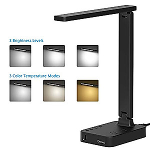 Drevet LED Desk Lamp, Desk Light with 1 USB Charging Port and 2 AC Power Outlet, 3 Lighting Modes, 3 Level Brightness,1H Timer, Touch Control, Eye-Caring Home Office Foldable Table Lamp (Black)