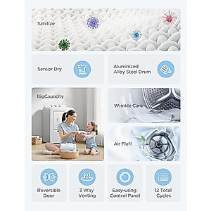 Midea MLTE37N1BWW Electric Dryer, Sensor Dry, Wrinkle Care, Air Fluff, Easy-Using Control Panel, 12 Total Cycles, 6.7 Cu.ft, White