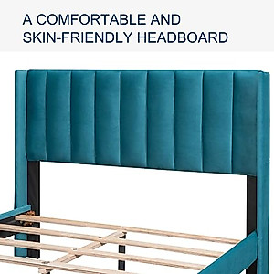 Queen Size Velvet Upholstered Platform Bed Frame with Storage Drawer and Tufted Headboard for Boys Girls Teens Adults, No Box Spring Needed, Easy Assembly (Blue, Queen)