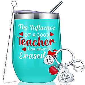 Capoda 2 Pcs Teacher Appreciation Gift for Women Graduation Teachers' Day Gift from Students with Thank You Keychain 12 oz Stainless Steel Wine Tumbler Coffee Mug Cup Lid Straw Brush(Letter D Style)
