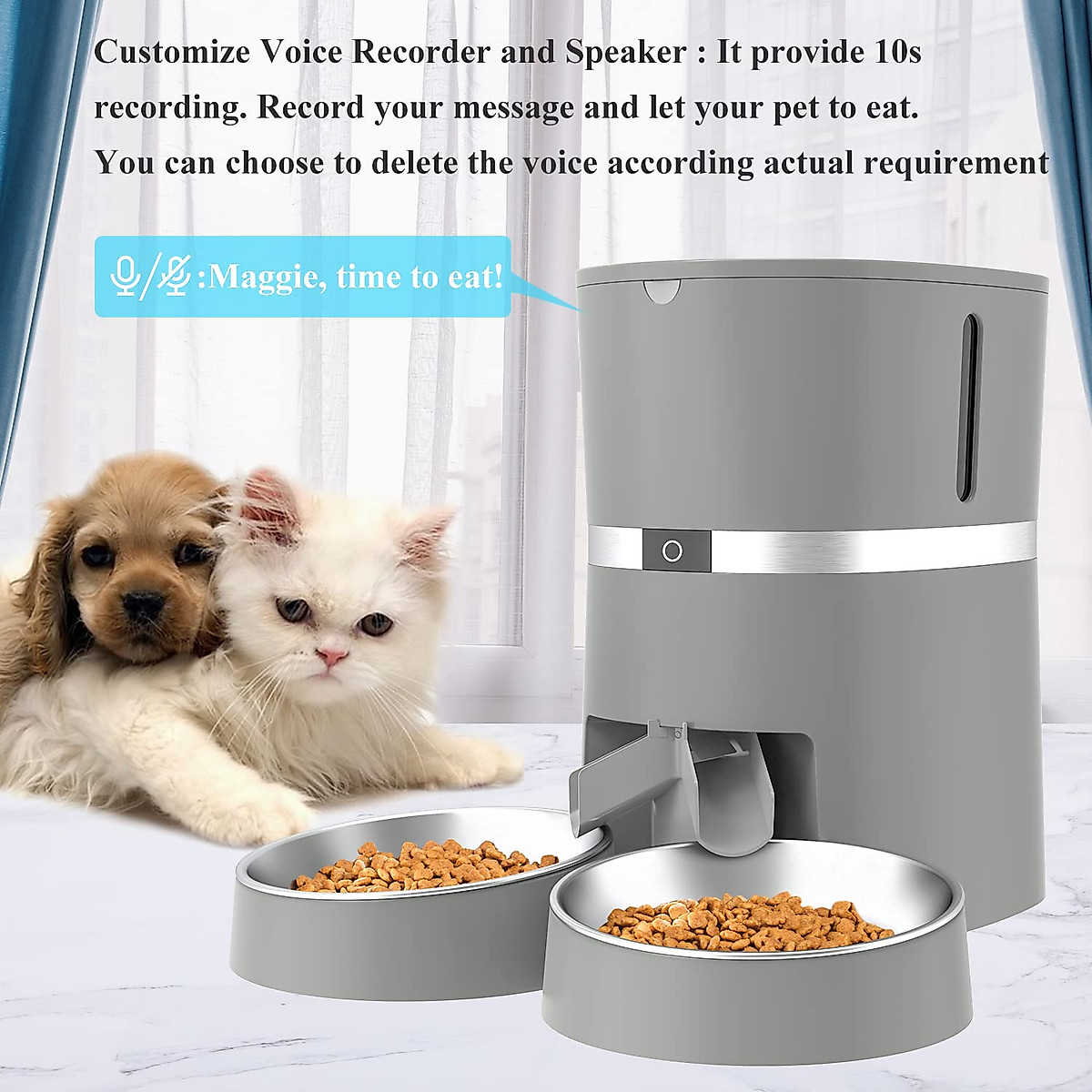Automatic Cat Feeder, HoneyGuaridan Pet Feeder for Multiple Cats&Dog Food Dispenser with Splitter,Portion Control and Voice Recording Dual Power Apply Food Alarm (Two Way Pet Feeder)
