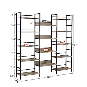 5-Shelf Wide Bookshelves, Industrial Retro Wooden Style Large Open Bookcases, 69.3''L x 11.8''W x 70.1''H, Grey