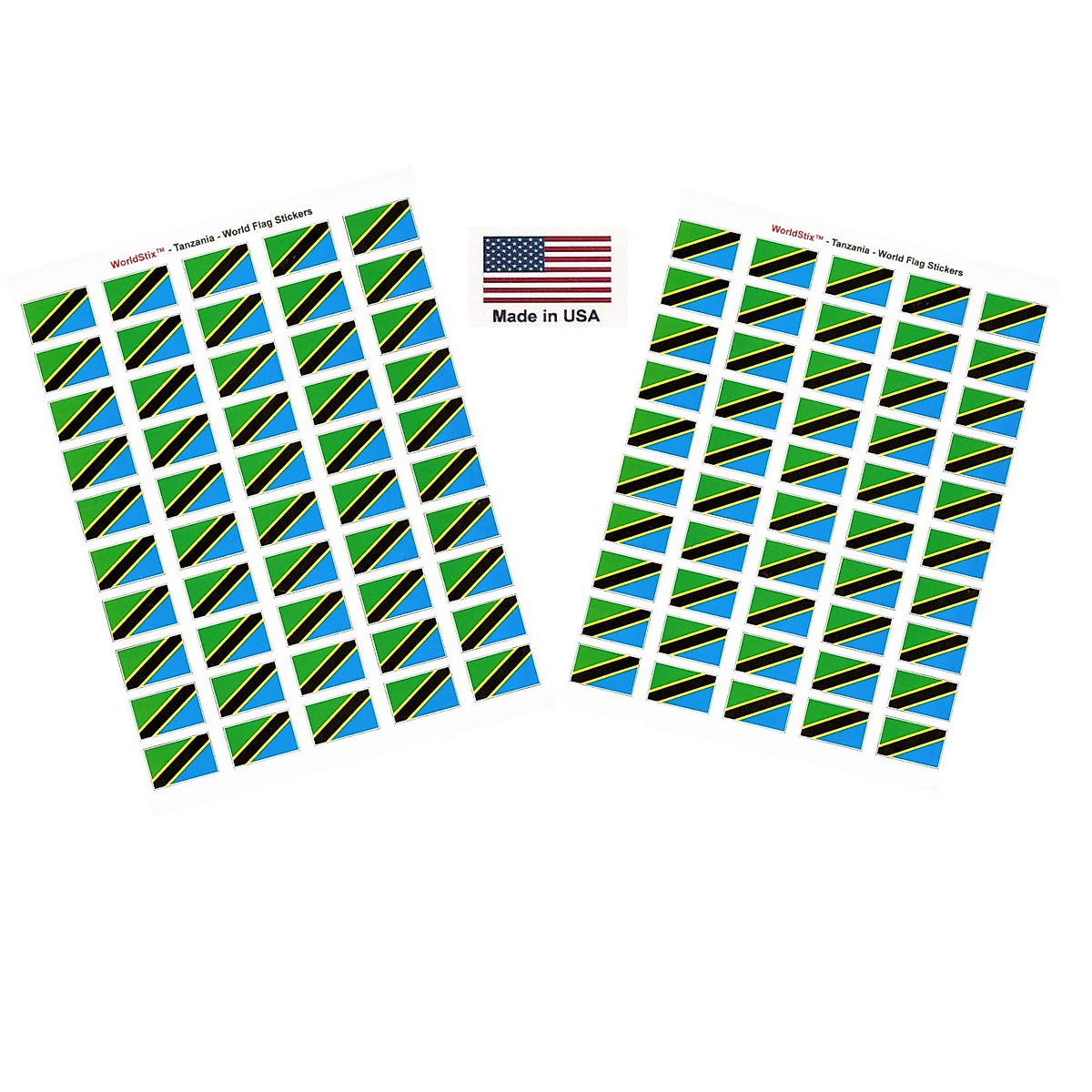 100 Tanzania Flag Stickers; American Made Decals Measure 1.5" x 1" & are Self Adhesive; Two Sheets of 50, 100 Sticker Flags Total