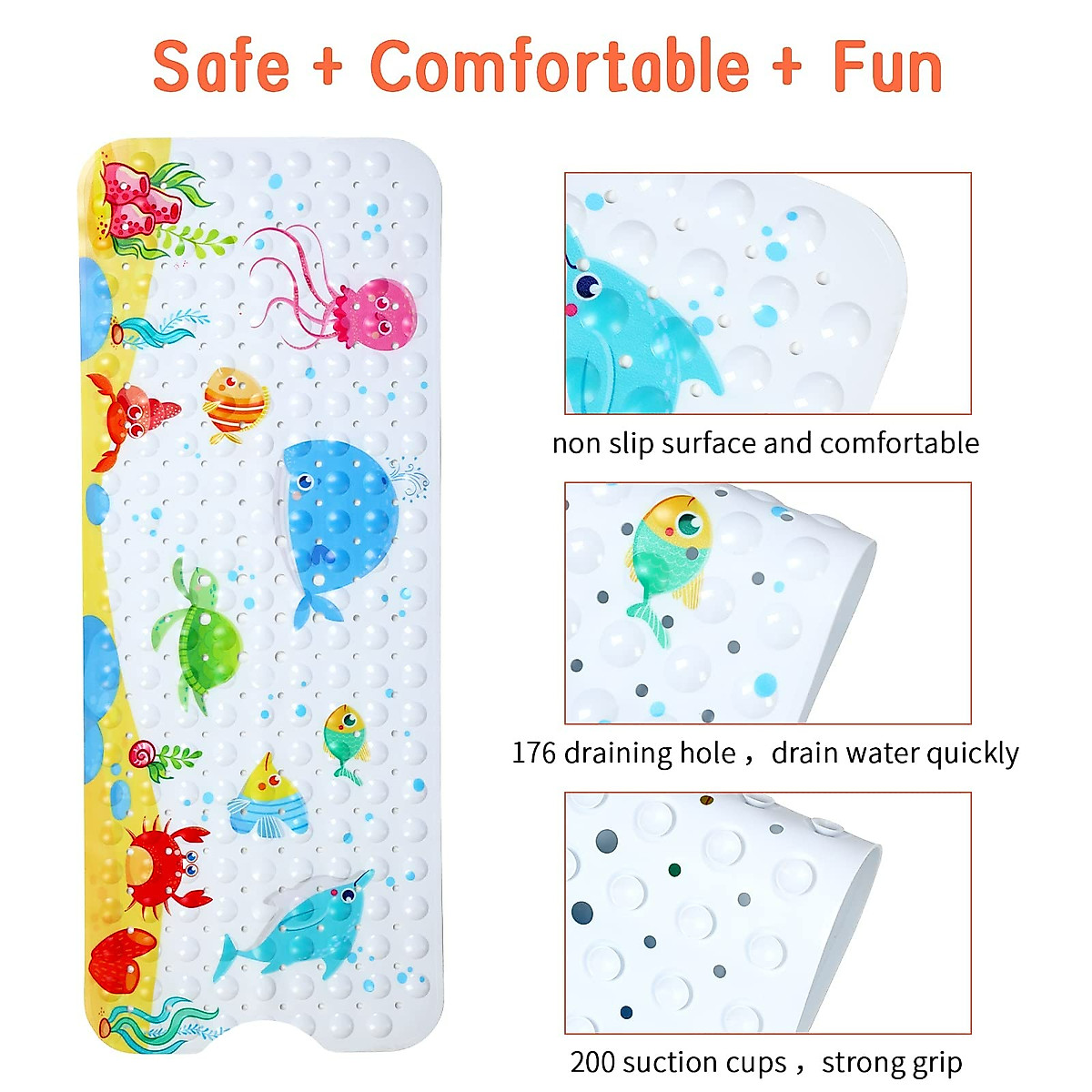 Baby Bath Mat for Tub for Kids, 40in x 16in Non Slip Cartoon Bath Tub Shower Mat Anti Slip with Drain Holes and Suction Cups Machine Washable, Little Whale