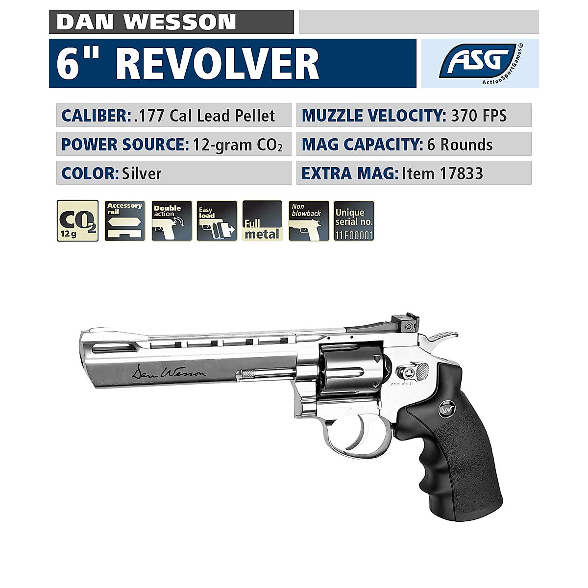 ASG Dan Wesson .177 Caliber Pellet Gun Revolver Air Pistol, 6"