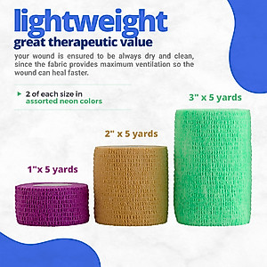 6 Pack, Self Adherent Cohesive Tape - 1" 2" 3" x 5 Yards Combo Pack, Self Adhesive Bandage Rolls & Sports Athletic Wrap for Ankle, Wrist, Sprains and Swelling, Vet Wraps in Neon Colors