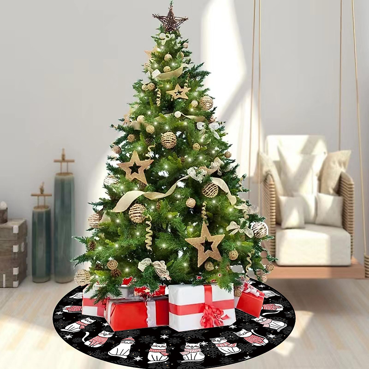 Christmas Tree Skirt Black Tree Skirt Cat Christmas Xmas Winter Tree Skirt 48 Inch for Black Cat Christmas Indoor Outdoor Decorations