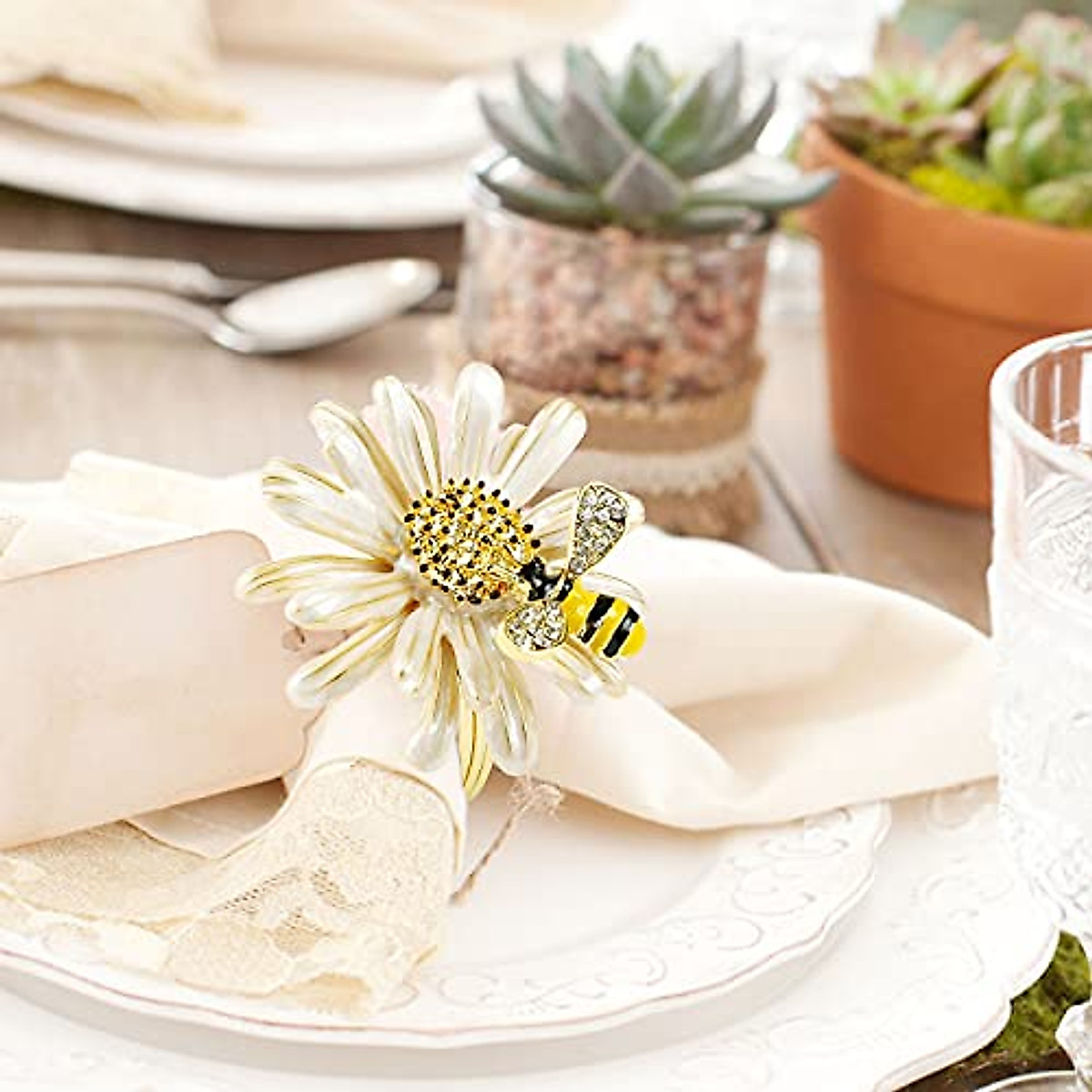 Kesote Daisy Sunflower Napkin Rings Set of 6, Gold Bee Napkin Ring Holders for Formal or Casual Dinning Table Decor