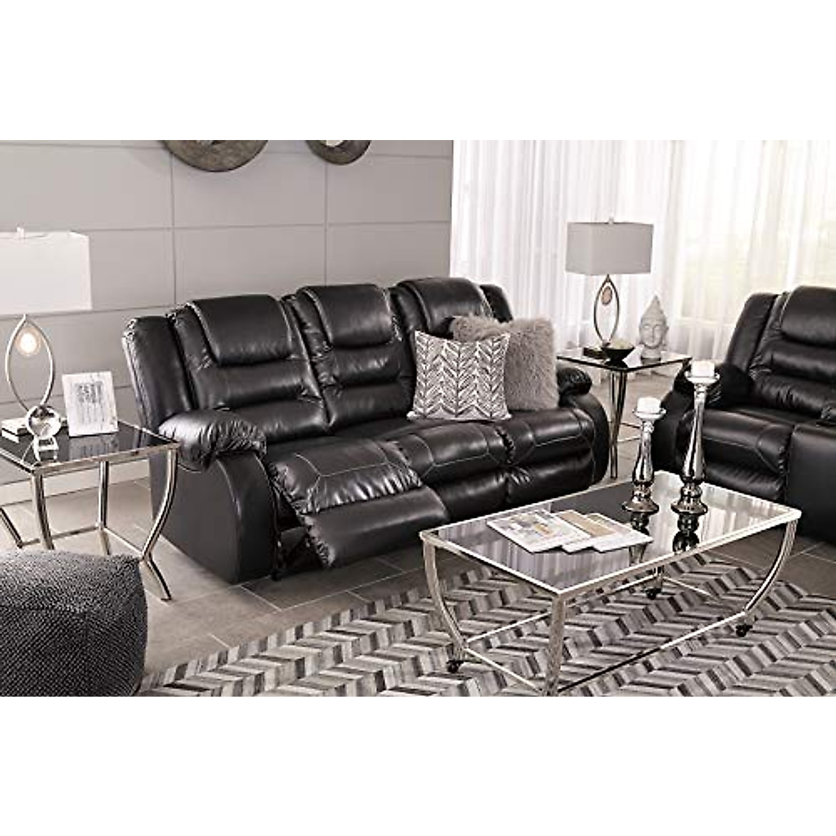Signature Design by Ashley Vacherie Faux Leather Manual Pull-Tab Reclining Sofa, Black