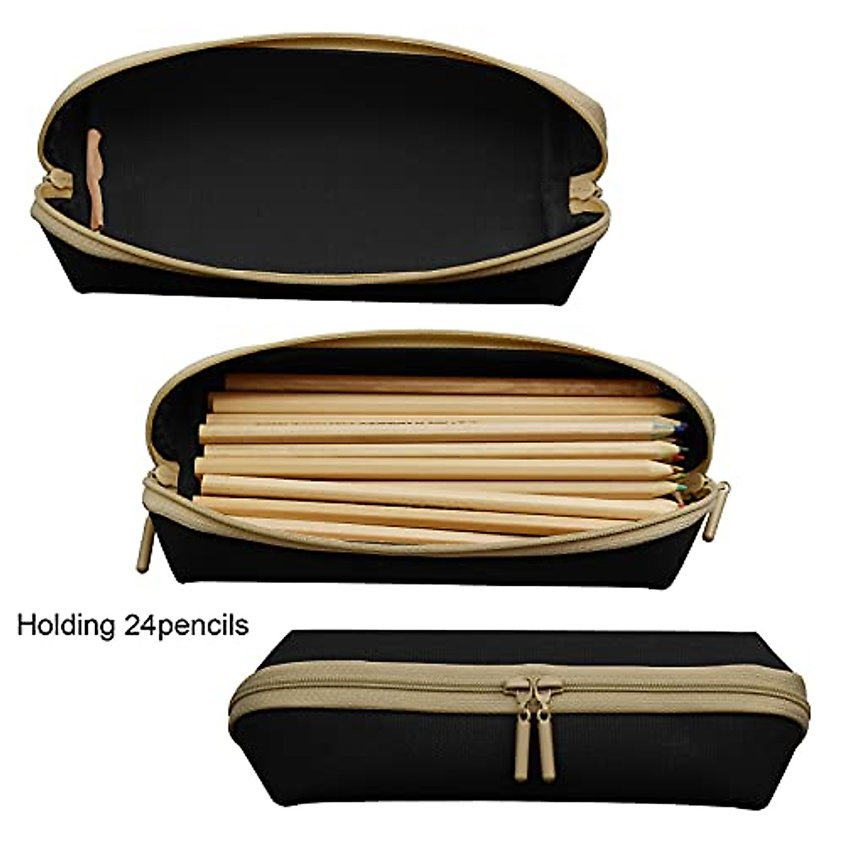 Enyuwlcm Canvas Stationery Stylish Small Pencil Pouch and Slim Pencil Case with 2 Zippers 1 Pack Black