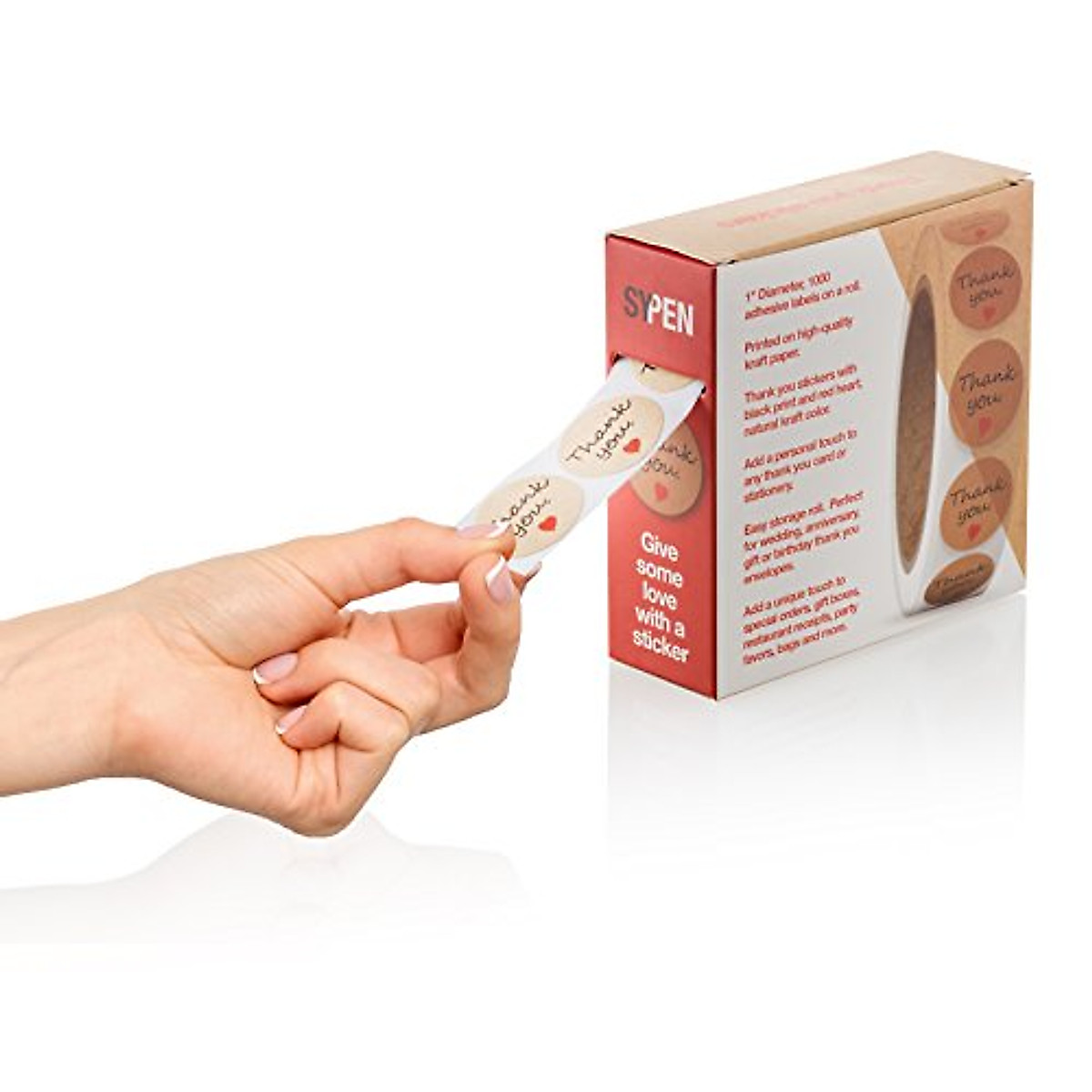 Thank You Stickers, Roll Pack of 1000 Thank You Stickers 1" Inch Round Adhesive Natural Paper Kraft Sticker Labels with Red Love Hearts, Pack of 1000