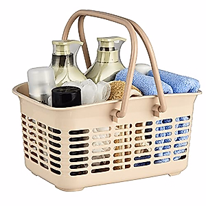 ALINK Plastic Shower Caddy Basket with Handle, Portable Organizer Storage Basket for College Dorm, Bathroom, Kitchen - Khaki