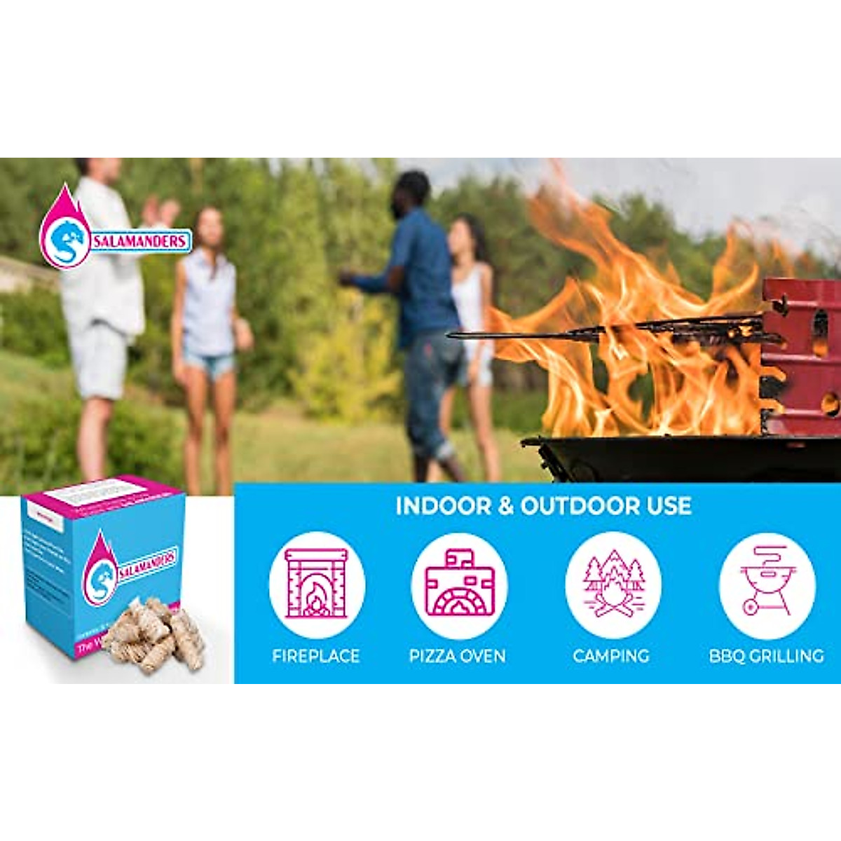 Salamanders Fire Starters 32 pcs | Natural Firestarter's for BBQ, Campfires, Fireplace, Charcoal, Wood Stove, Fire Pit, Pizza Oven and Smokers | All Weather, Non-Toxic | Indoor/Outdoor Use