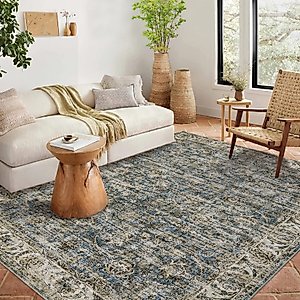 GarveeHome Washable Area Rugs 4x6 Rug Vintage Area Rug for Bedroom Non Slip Entryway Rug Chenille Living Room Rugs Distressed Non Shedding Stain Resistant Carpet for Nursery Office Blue 4'x6'