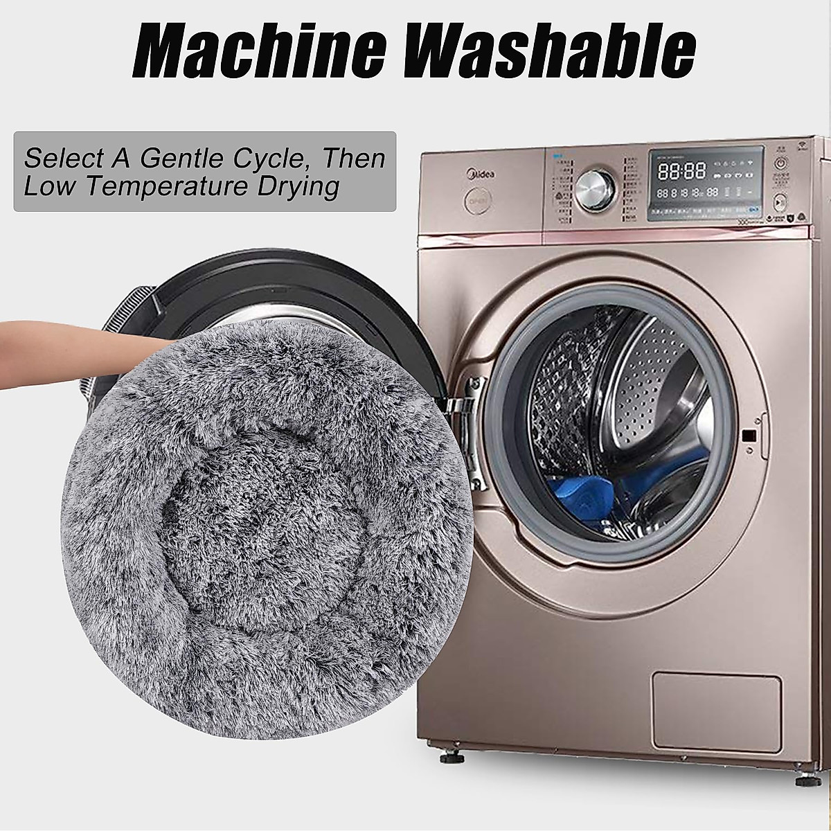 Calming Dog Bed, Dog Beds Fits up to 5 lbs Pets, Fluffy Donut Dog & Cat Bed Washable, Round Anti Anxiety Dog Bed, Small Dog Bed with Non-Slip Bottom (Grey White, 17" x 17")