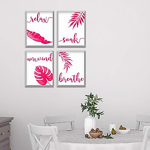 Pink Bathroom Decor - Relax, Soak, Unwind, Breathe Leaves Wall Art - Set of 4 8 x 10 Unframed Prints - Yoga Studio Art - Spa Decorative Photos - Home,Office,Classroom,Dorm Palm Tree Leaf Monstera