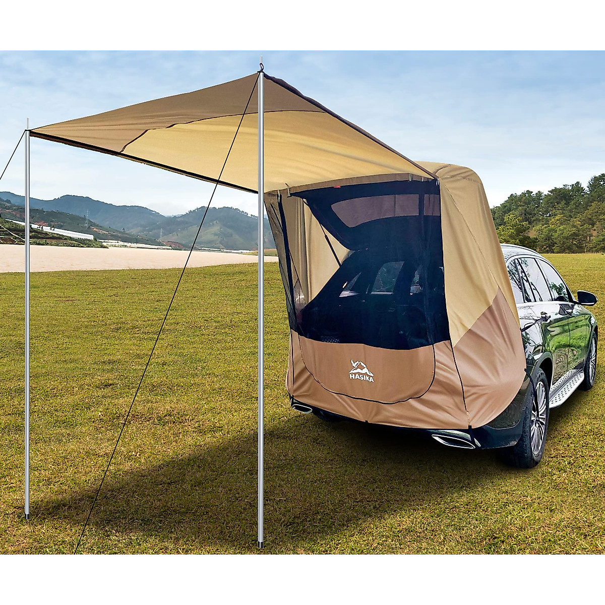 Poles Included Tailgate Shade Awning Tent for Car Camping Road Trip Essentials Small to Midsize SUV Waterproof 3000MM UPF 50+ Yellow (Large)