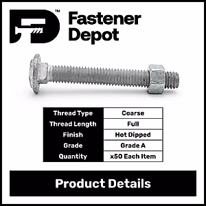 3/8"-16 x 4-1/2" Hot Dipped Galvanized Carriage Bolt w/Nuts, Grade A, Full Thread, Quantity 50 - by Fastener Depot, LLC