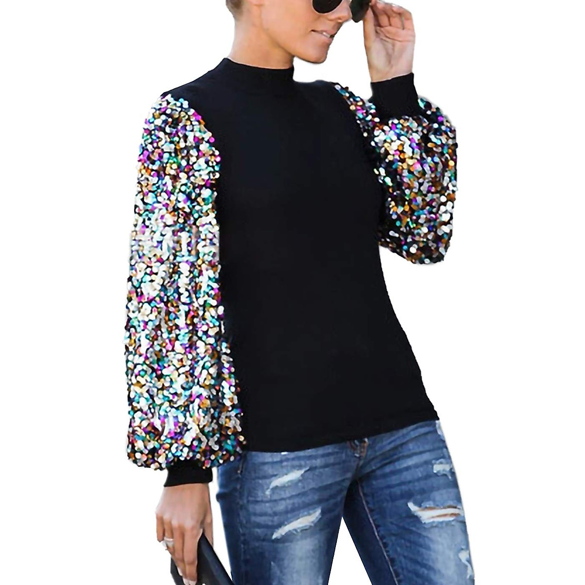 Anna-Kaci Women's Confetti Sequin Balloon Long Sleeve Mock Neck Pullover Sweatshirt (Black, Large)