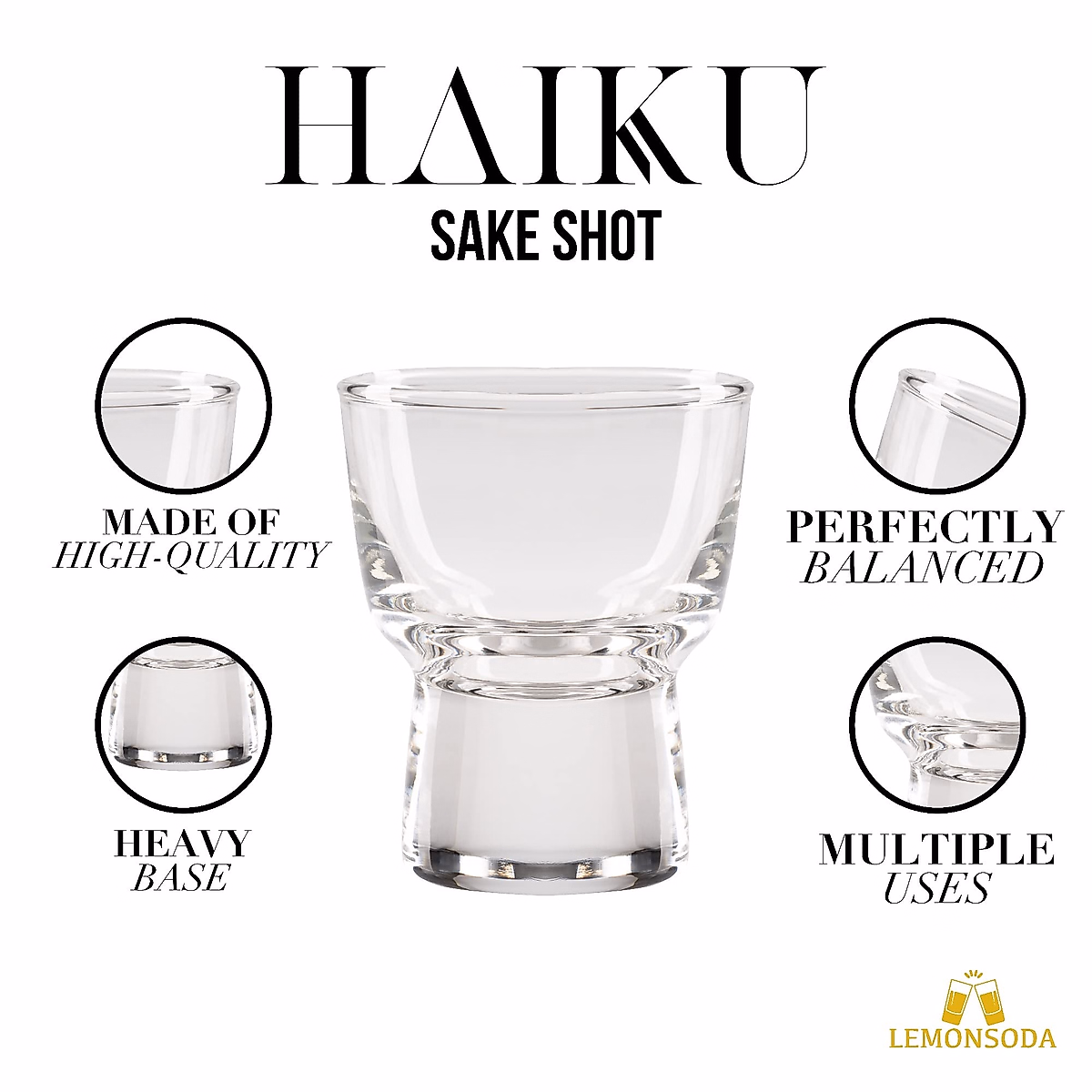 LEMONSODA Clear Shot Glass Set- Haiku Sake Shot Glasses - Sake, Tequila, Whiskey, Vodka, Gin - Great for Tastings, Gifts, Parties, Unique Show Piece, Set of 6 (60 mL / 2 fl. oz.) (Set of 6)