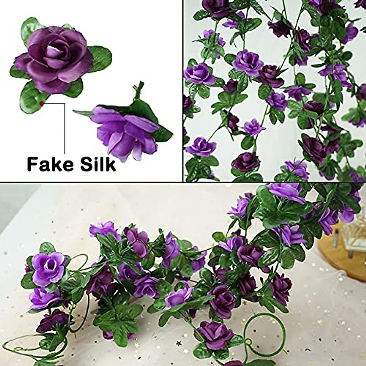 4 Pcs 33 Ft Fake Rose Vine Flowers Plants Artificial Flower Hanging Rose Ivy Home Hotel Wedding Party Garden Art Decor Garden Craft Arrangement Decoration, Presents for Women (purple + dark purple)