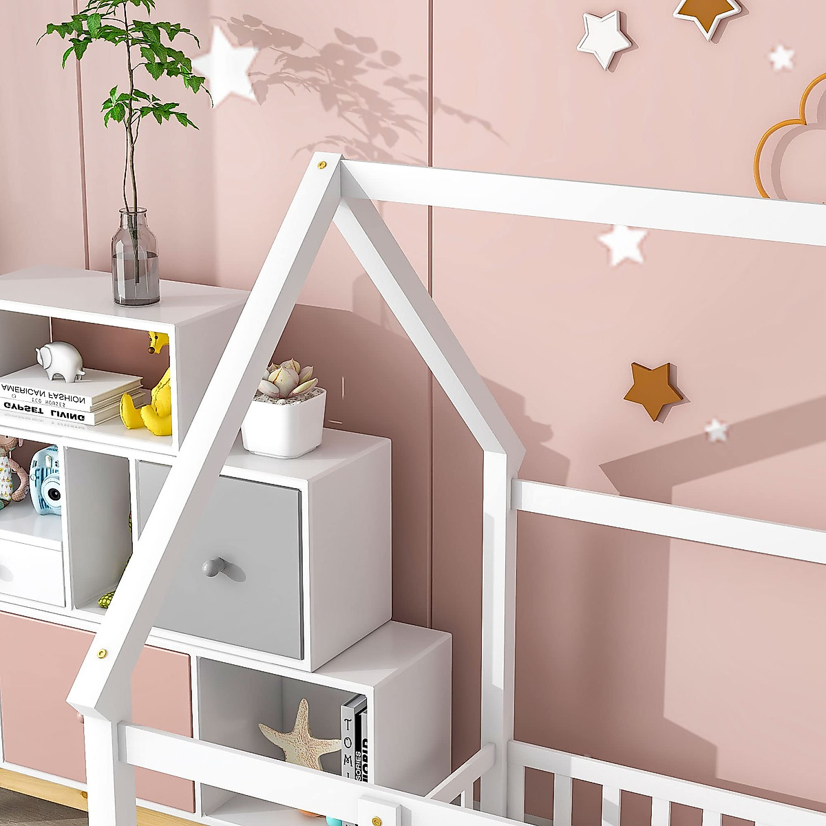 i-POOK Full Size House Bed Wooden Floor Bed with Roof and Fence Guardrails Montessori Bed Playhouse Bed for Children Girls and Boys, White(No Bed Slats)