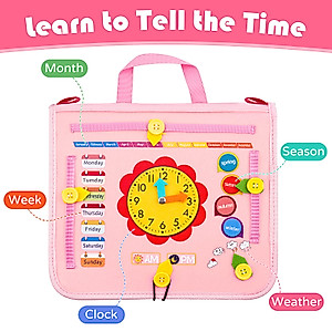 NiToy Busy Board, 19-in-1 Toddler Montessori Toys Ages 3-5, Fine Motor Skills Toys for Preschool Activity Sensory Learning Toys, Pink