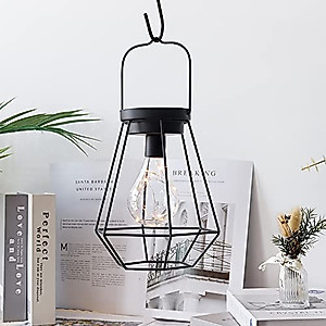 JHY DESIGN Diamond Metal Cage Table Lamp Battery Powered Hanging Lanterns, Cordless Lamp with LED Edsion Style Bulb for Weddings,Parties,Patio,Events for Indoors/Outdoors (Hanging Hook Included)