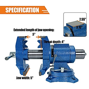 EASYBERG 5" Bench Vise with 5 inch Jaw Width 5 inch Jaw Opening 4 inch Throat Depth Ductile Iron, Multi-Purpose 360 Degree Head and Swivel Base Bench Vice with Anvil and Scale
