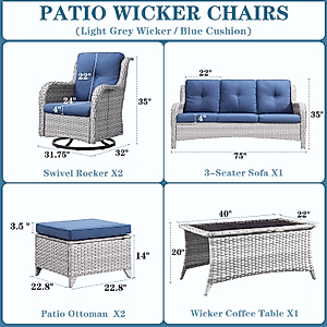 Artfurniz Wicker Patio Furniture Set: 6 Piece Outdoor Conversation Sets with Swivel Rocker Chairs, Patio Couch, Ottomans and Coffee Table for Porch Balcony Garden, Light Grey